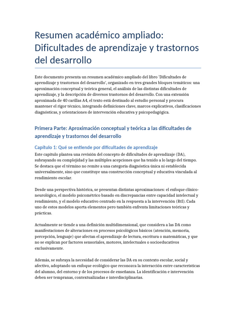 Resumen Dificultades Aprendizaje Trastornos | PDF | Trastorno del desarrollo | Aprendizaje