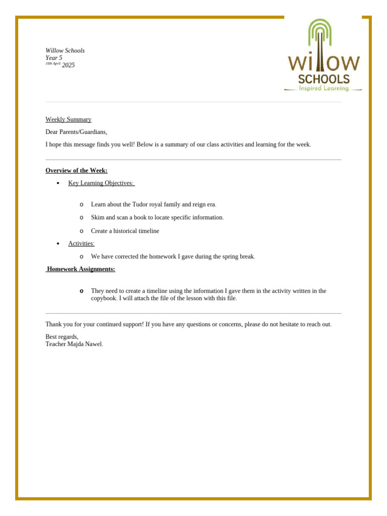 Year 5 Weekly Summary: Tudor Learning | PDF