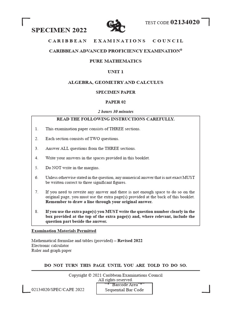 Pure Mathematics 2022 Specimen U1 P2 | PDF | Function (Mathematics) | Barcode