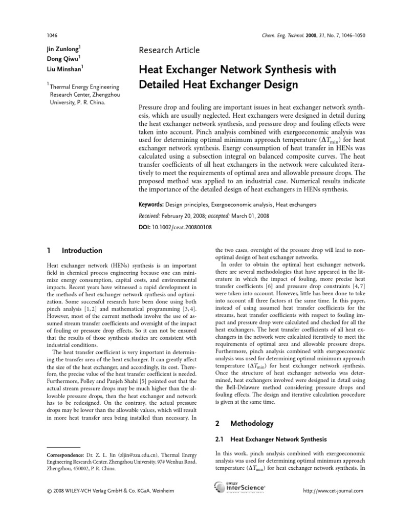 Heat Exchanger Network Synthesis With Detailed Heat Exchanger Design | PDF | Heat Exchanger | Exergy