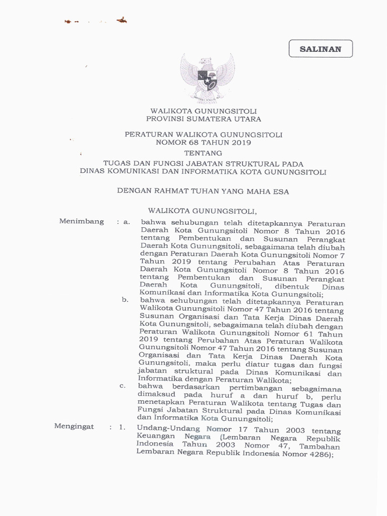 Perwal 2019-68 Tupoksi Diskominfo | PDF
