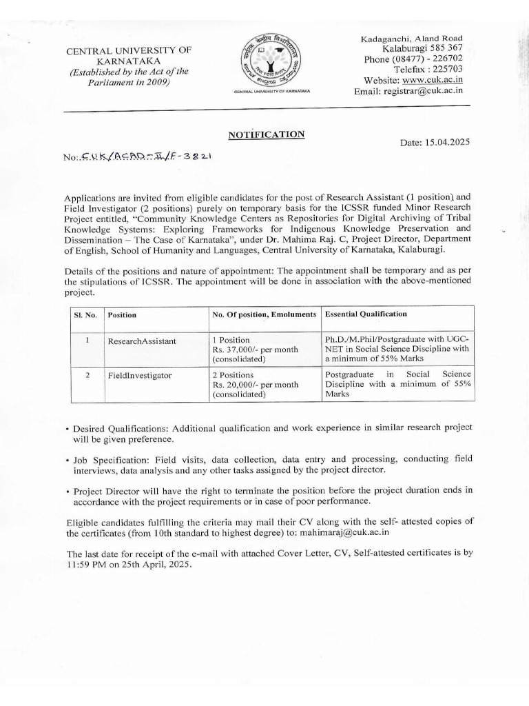 ICSSR Project Research Staff Notification CUK | PDF