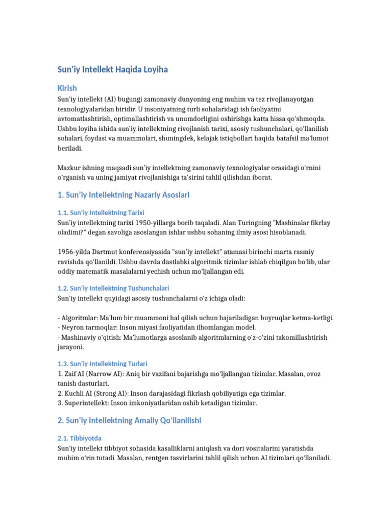 Suniy Intellekt Loyihasi | PDF