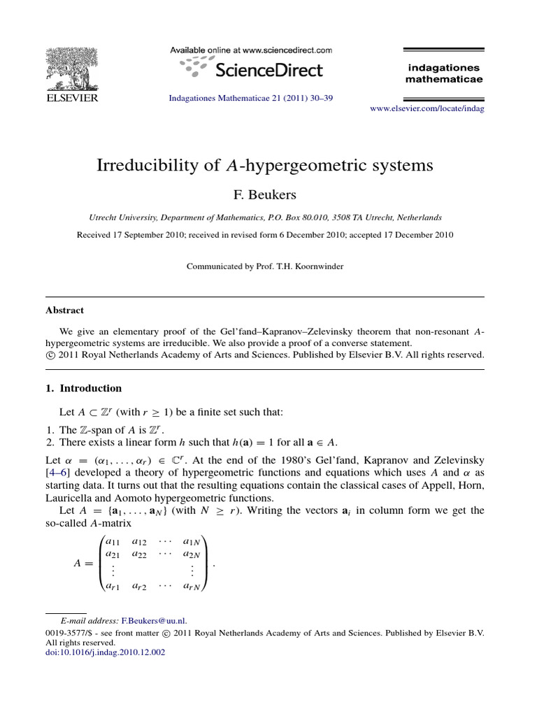 Beukers - Irreducibility of A-Hypergeometric Systems | PDF | Ring (Mathematics) | Polynomial