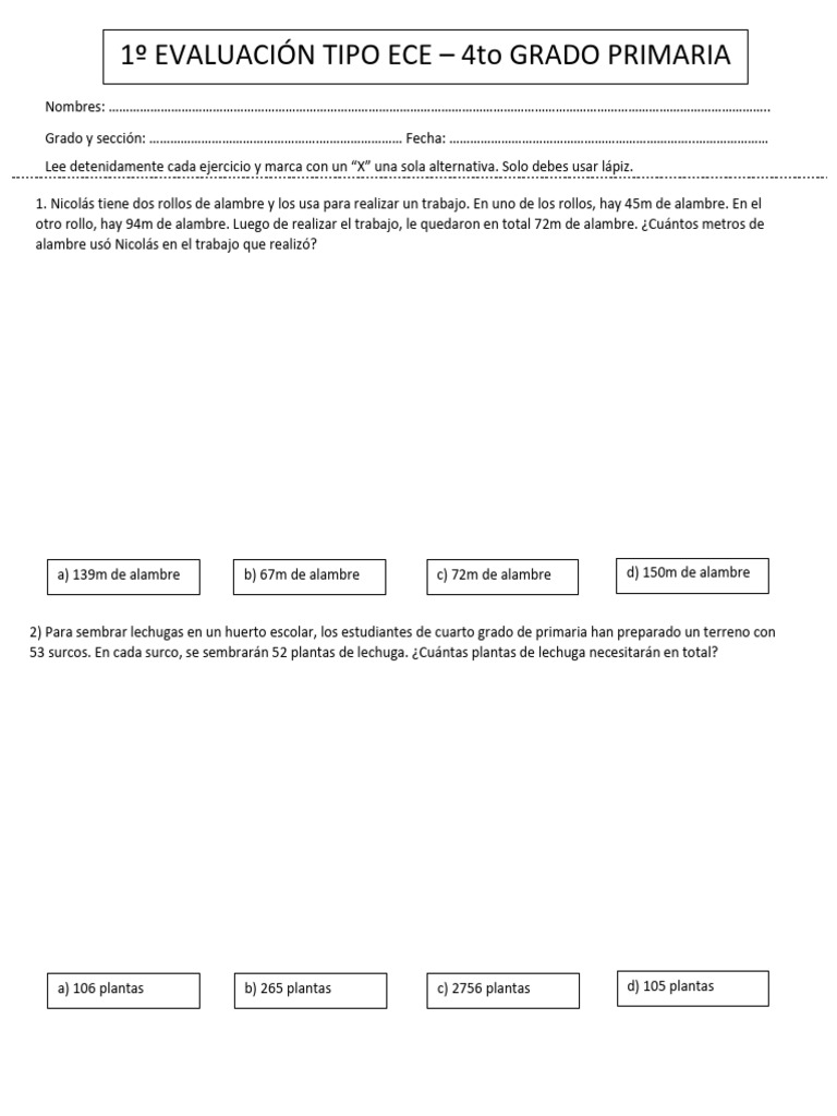 1º Prueba Tipo ECE Matematica 4º Grado | PDF