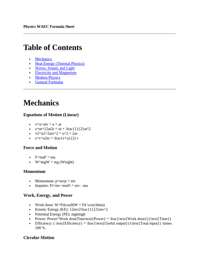 Physics WAEC Formula Sheet | PDF | Force | Physics