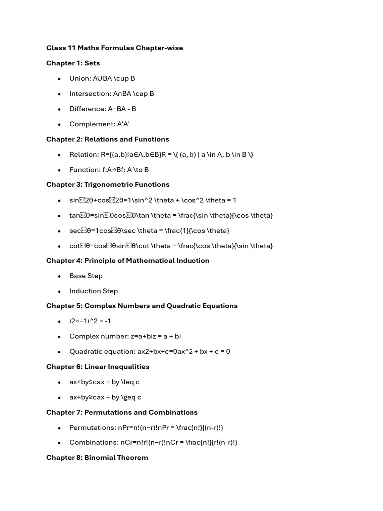 Class 11 Maths Formulas Chapter Wise | PDF | Euclidean Geometry | Elementary Geometry