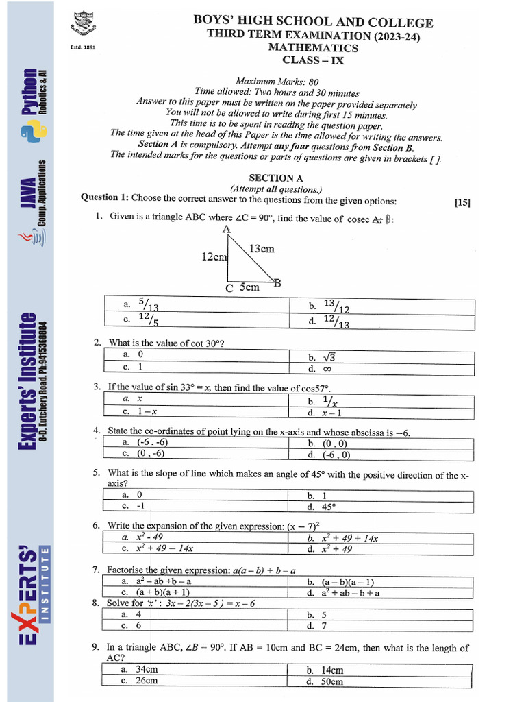 IX BHS Third Term Mathematics 2023-24 | PDF