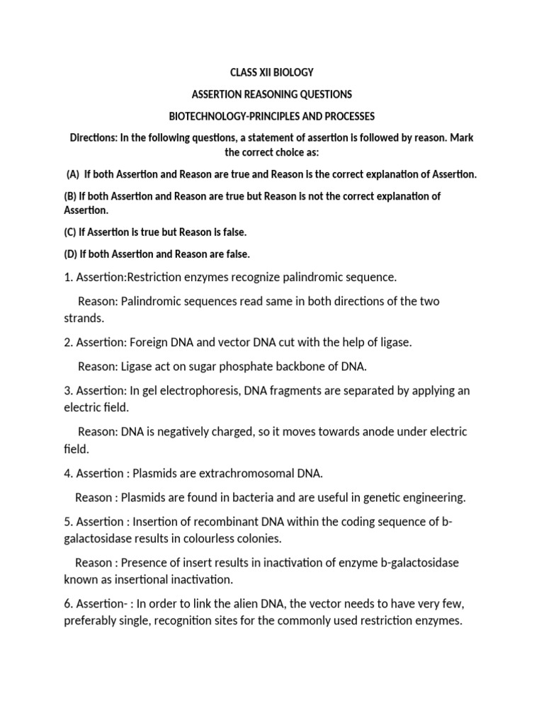 Assertion Reason Biotechnology Principles and Processes | PDF | Plasmid | Dna