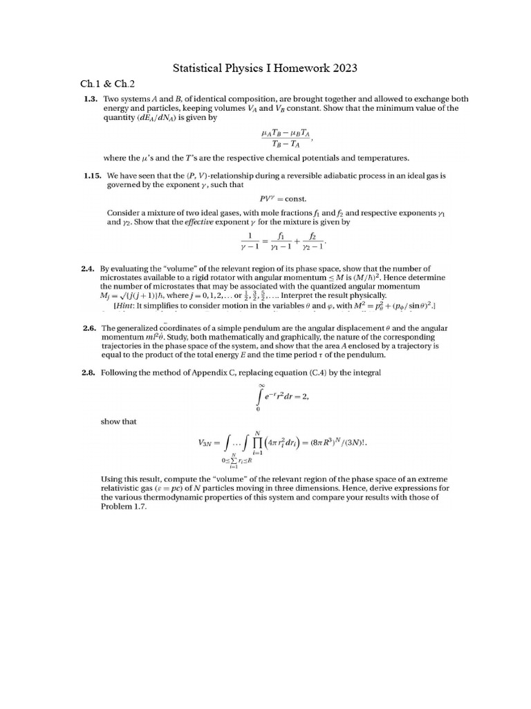 Statistical Physics I Homework 2023 | PDF