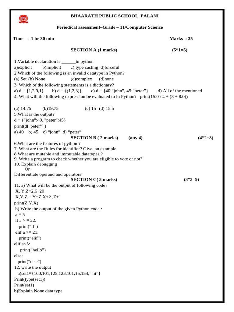 Grade 11 Computer Science Assessment | PDF