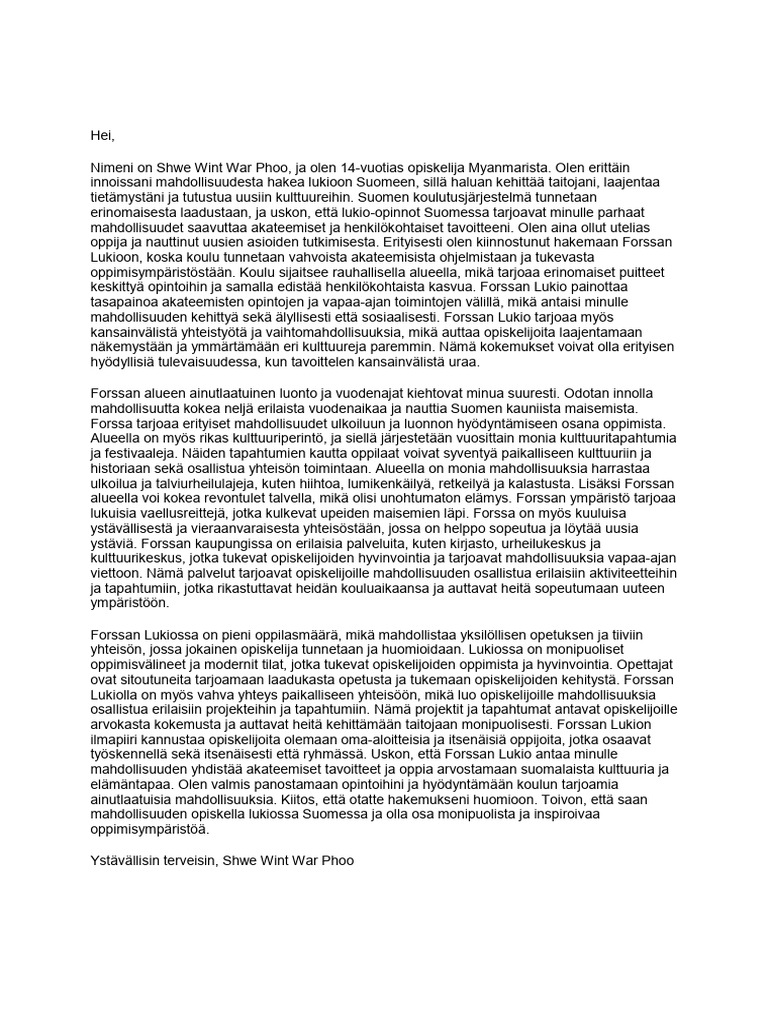 Shwe Wint War Phoo - Letter of Motivation For Forssan Lukio | PDF