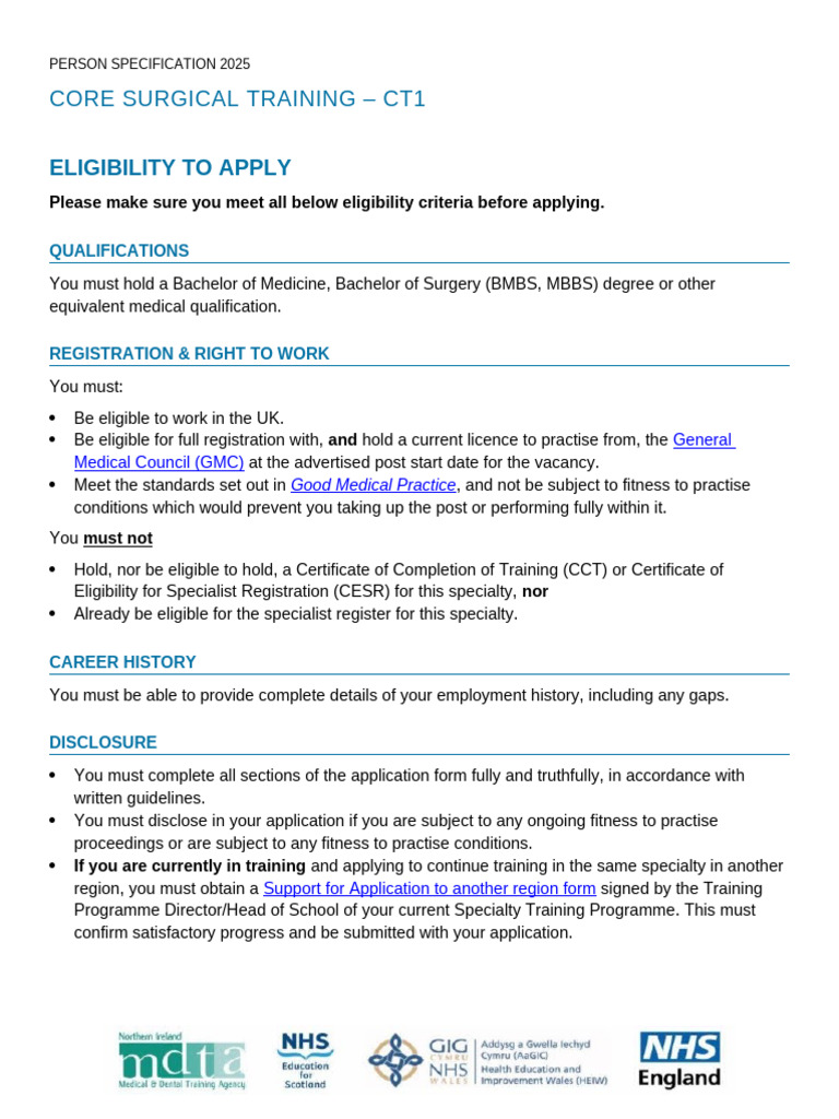 Eligibility To Apply: Core Surgical Training - Ct1 | PDF | Health Care | Medicine