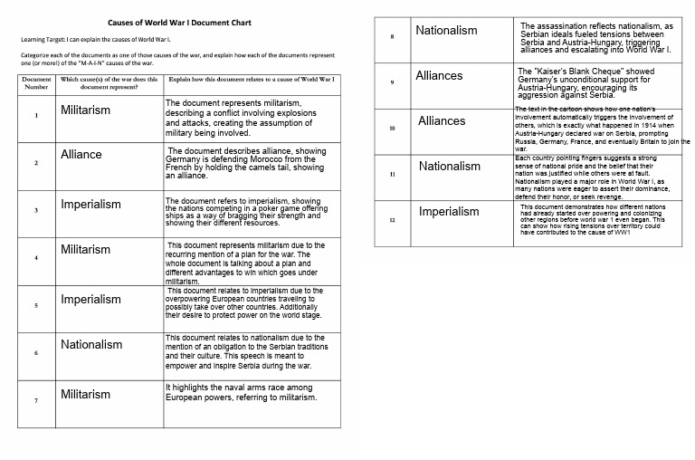 Causes of WWI Document Chart | PDF | Nationalism | World War I
