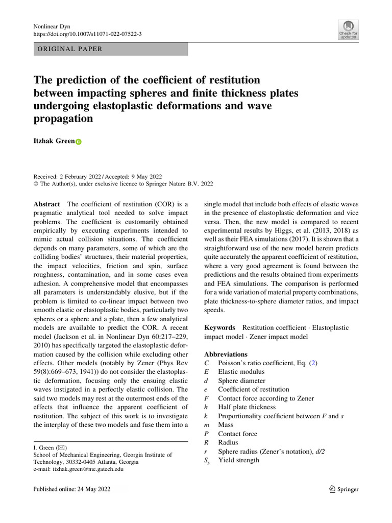 Predicting The Coefficient of Restitution of Impacting Elastic ...