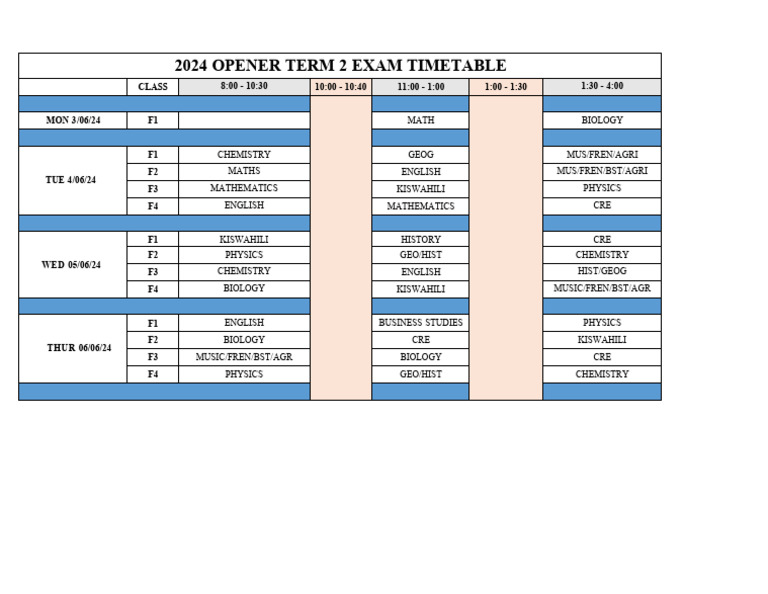 Opener Term 2 2024 Exam Timetable | PDF