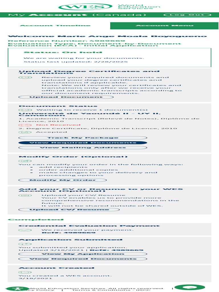 WES Credential Evaluation Status Update | PDF