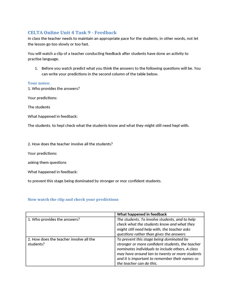 CELTA Online Unit 4 Task 9 - Feedback | PDF | Teachers | Learning