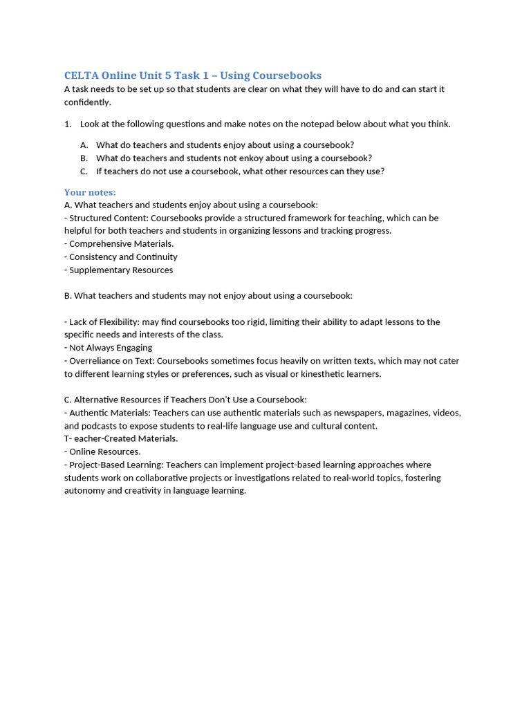CELTA Online Unit 5 Task 1 - Using Coursebooks | PDF