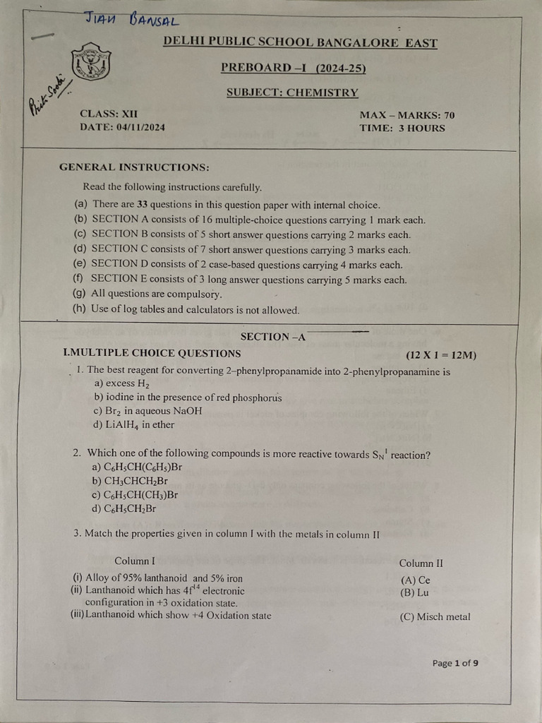 Chem Pre Board 1 | PDF