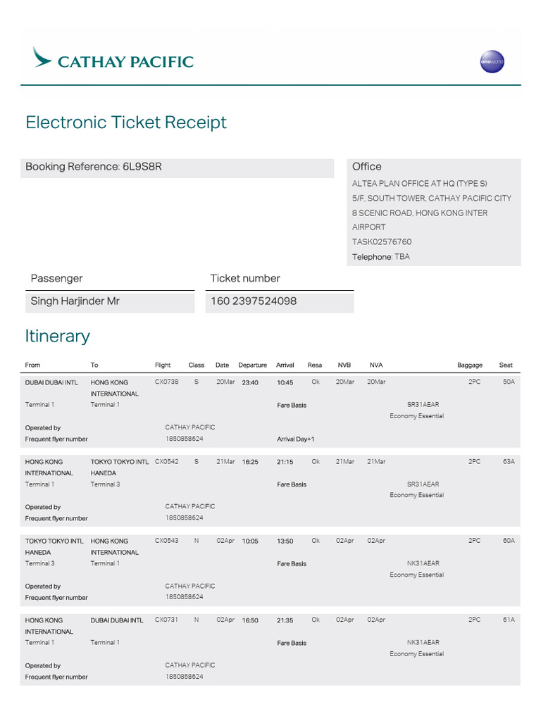 Cathay Pacific Ticket Receipt - 20 Mar | PDF | Business Class | Ticket ...