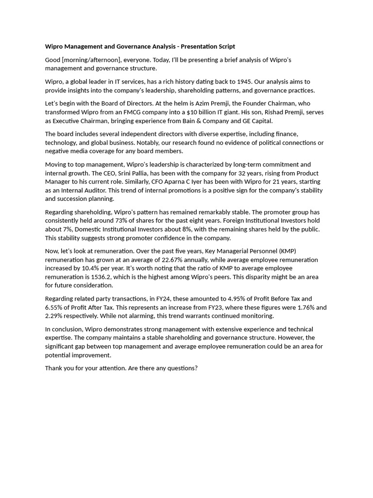 Wipro Presentation Script | PDF | Economies | Business