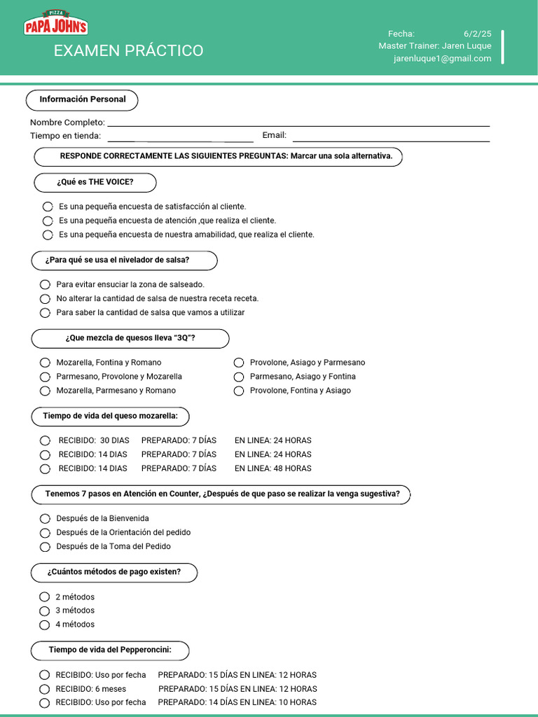 Examen Práctico de Atención y Productos | PDF | Alimentos | Cocina