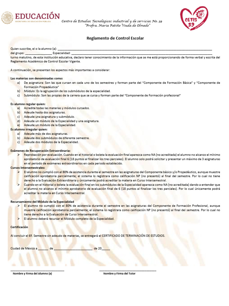 Reglamento de Control Escolar CETIS 39 | PDF