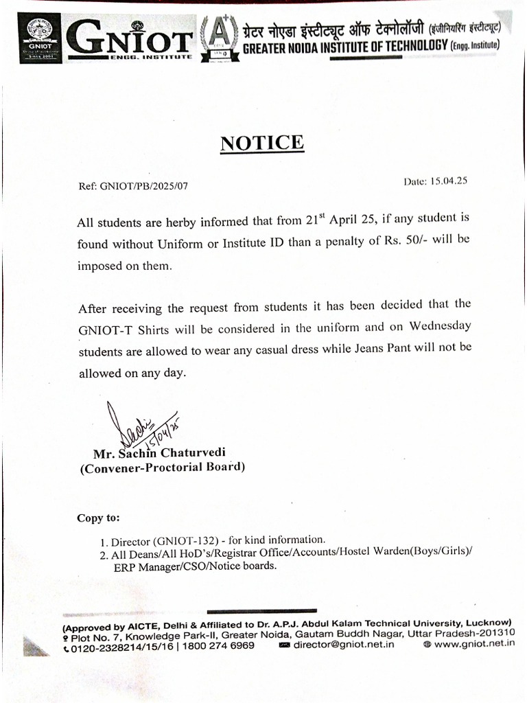 Proctorial Board Notice For Uniform and Institute ID | PDF