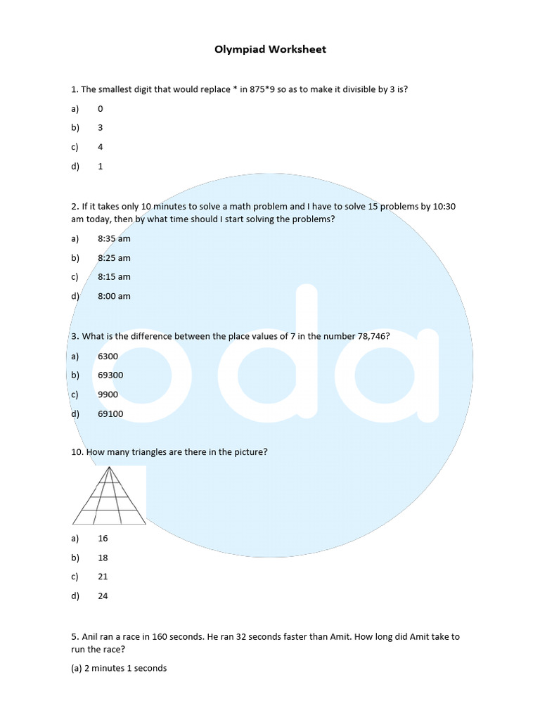 Olympiad Math Worksheet | PDF | Classroom | Mathematics