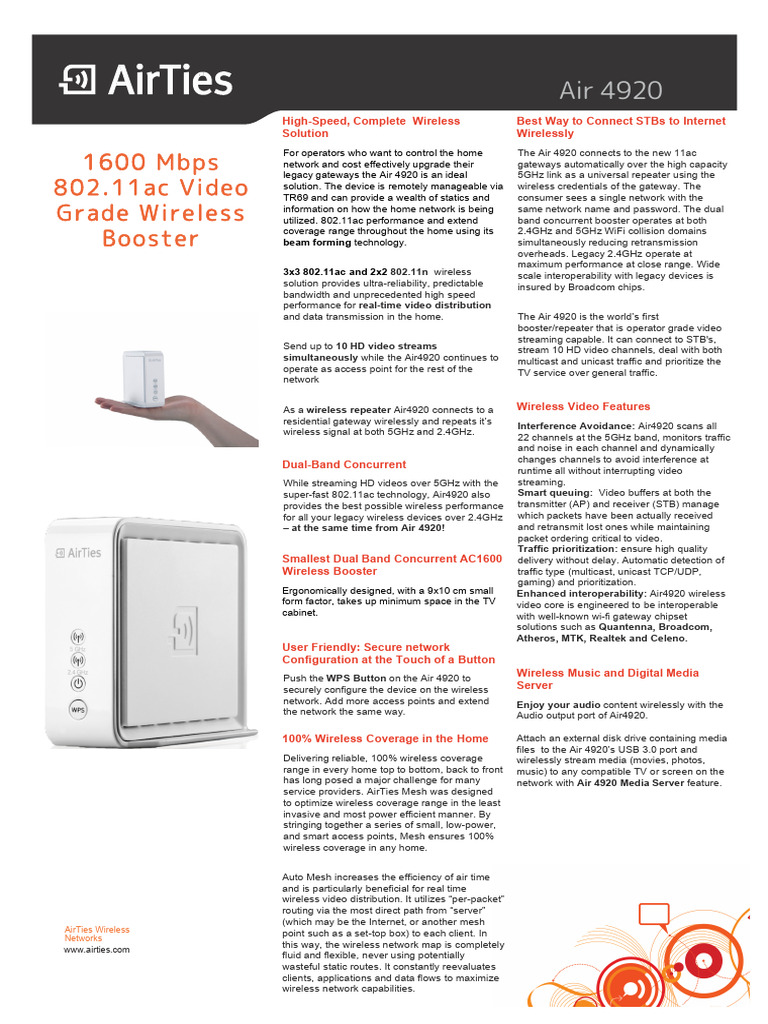 AirTies Air 4920: Dual-Band Wireless Booster | PDF | Ieee 802.11 ...