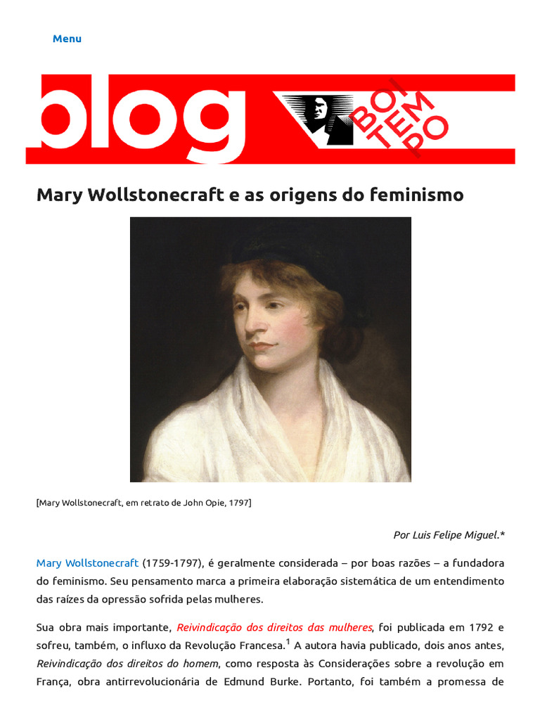 Mary Wollstonecraft e As Origens Do Feminismo - Blog Da Boitempo | PDF | Feminismo | Estudos de ...