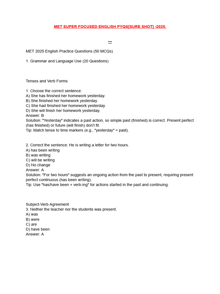 Met Super Shot English Pyqs | PDF | Semantic Units | Linguistics