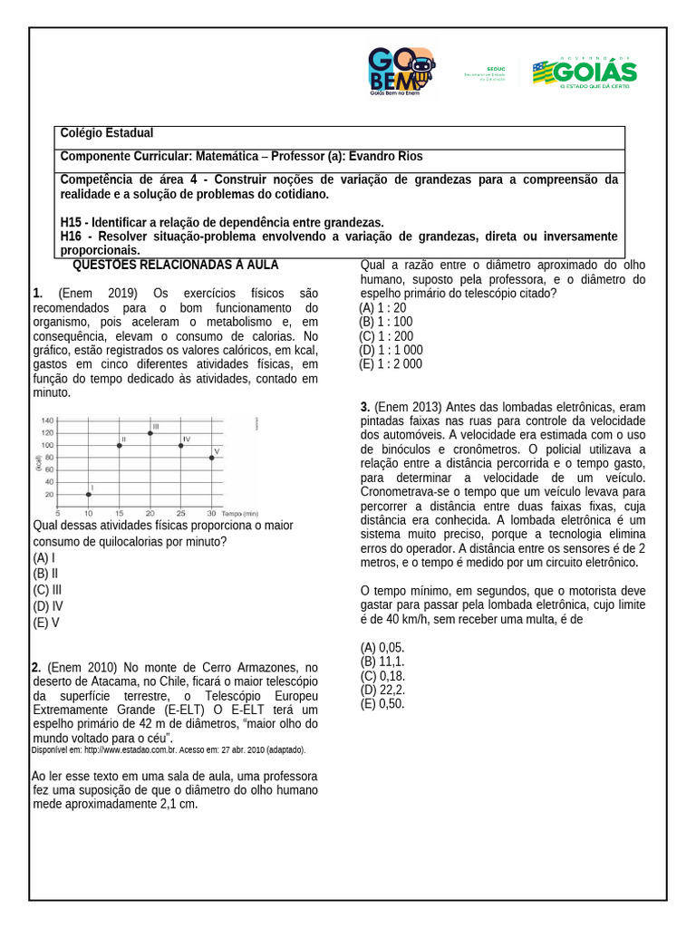Atividade Aula 5 Gobem Matematica 23 05 24 | PDF | Tempo | Caloria