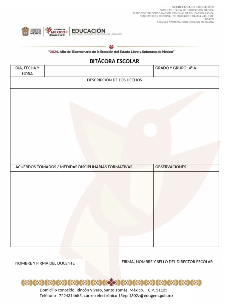 Formato de Bitácora Escolar Const. Mex. | PDF
