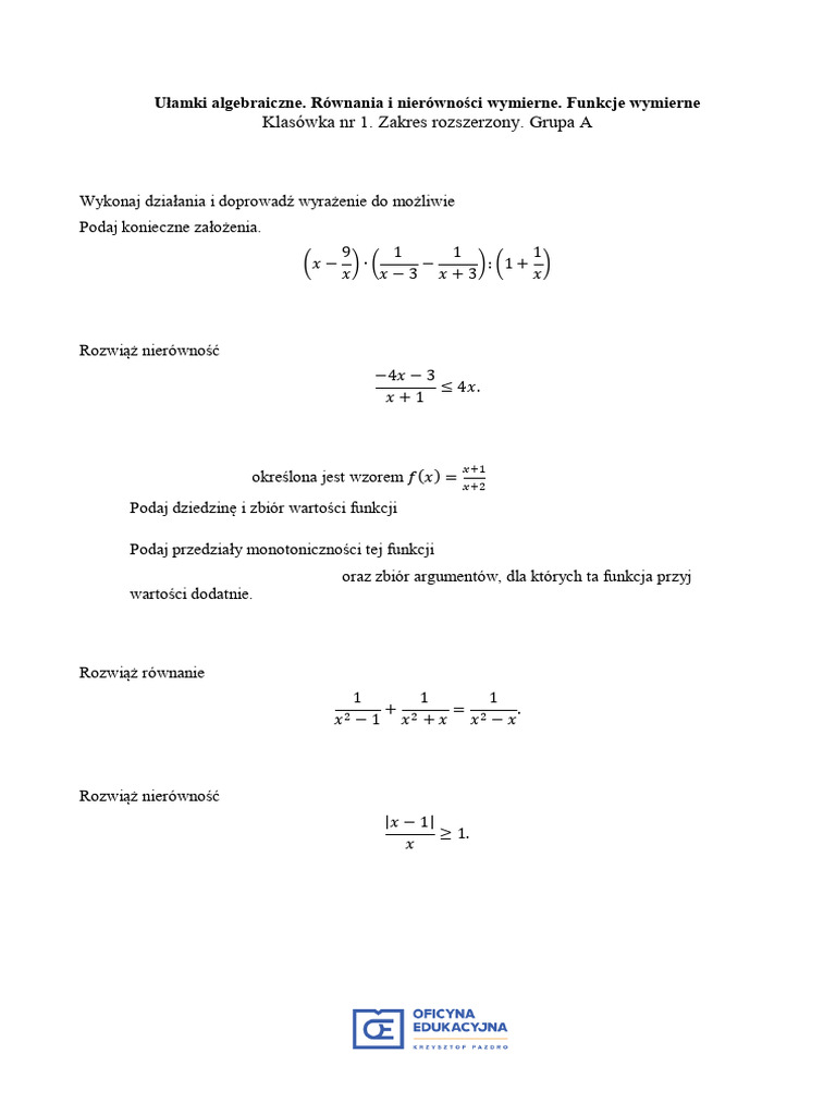 2021 Klasowka kl3 Ulamki Algebraiczne Rownania Nierownosci Wymierne ZR Ab Wer1 | PDF