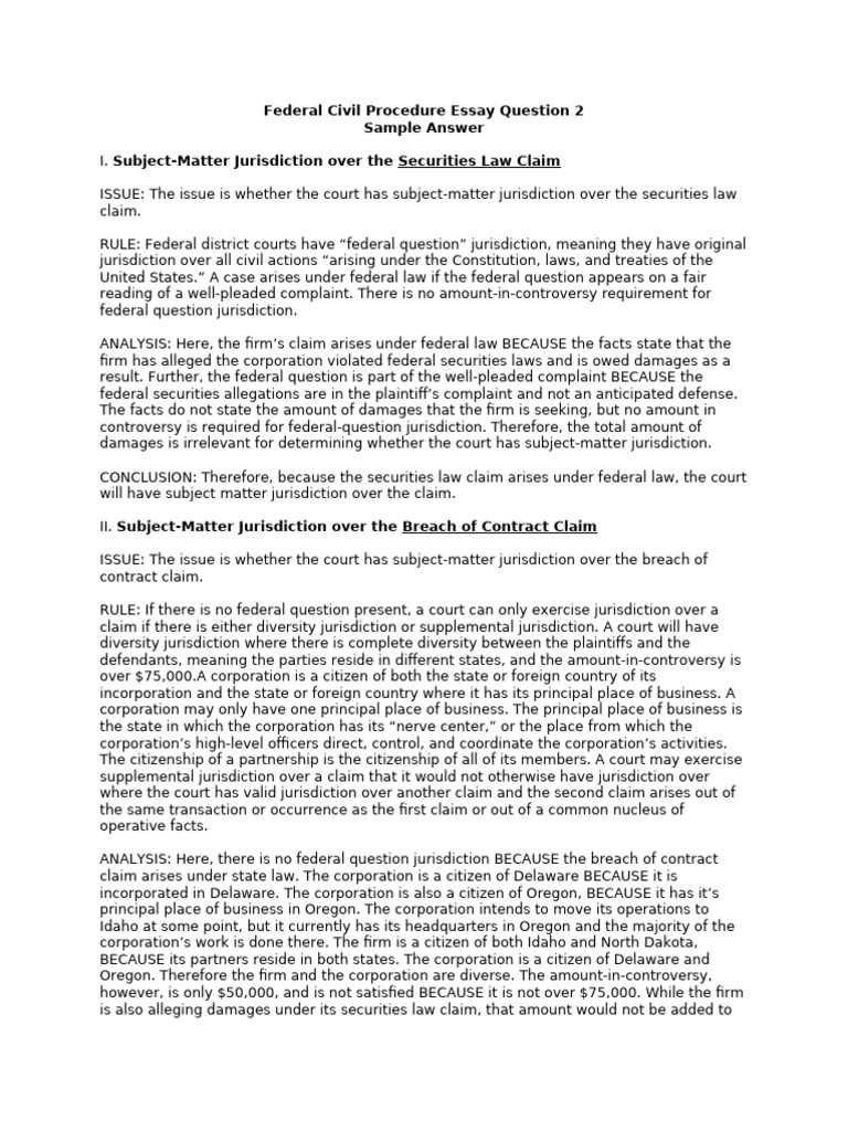 Federal Civil Procedure Sample Essay 2 Answer | PDF | Diversity ...