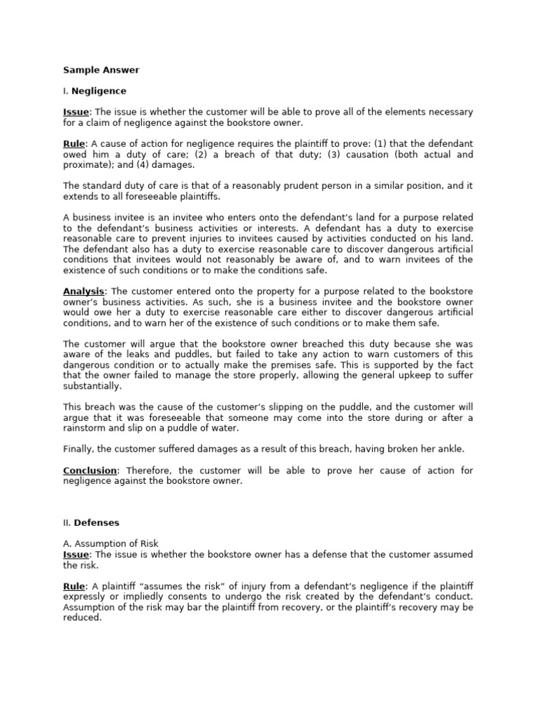 Sample Answer For Torts in Class Essay Question #1 | PDF | Negligence ...