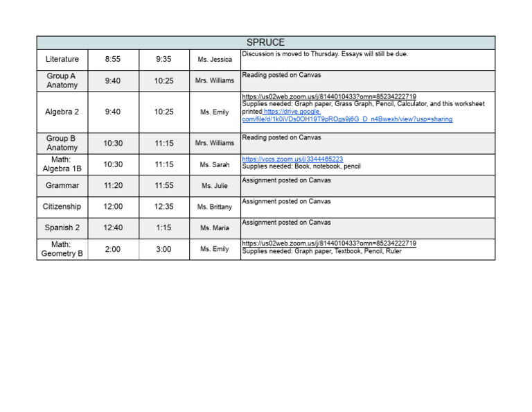 Snow Day Schedule - Spruce | PDF