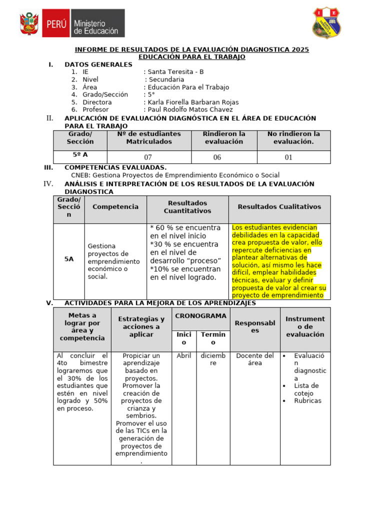 INFORME DE RESULTADOS DE LA EVALUACIÓN DIAGNOSTICA Ept 2025 | PDF | Enseñando | Maestros
