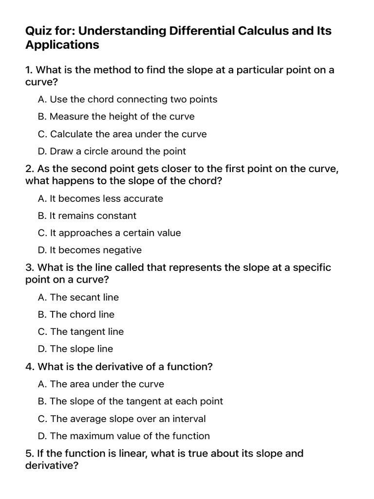 Differential Calculus Quiz and Answers | PDF | Derivative | Slope