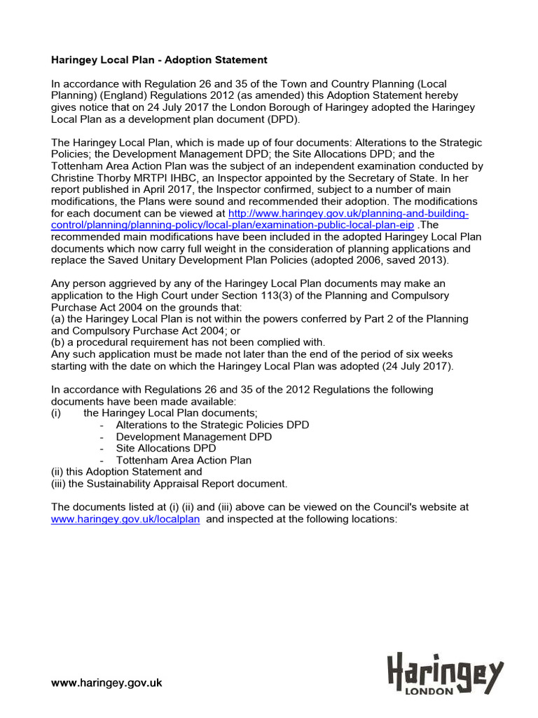 Haringey Local Plan – adoption statement | PDF | Government | Justice
