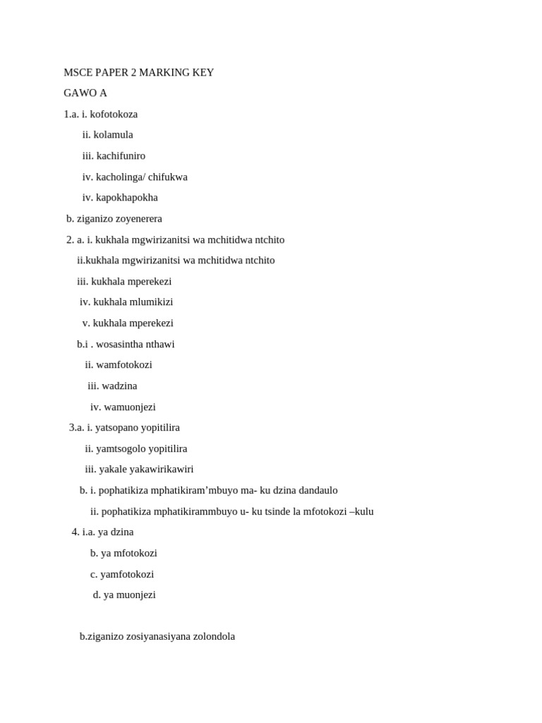 Msce Paper 2 Marking Key | PDF