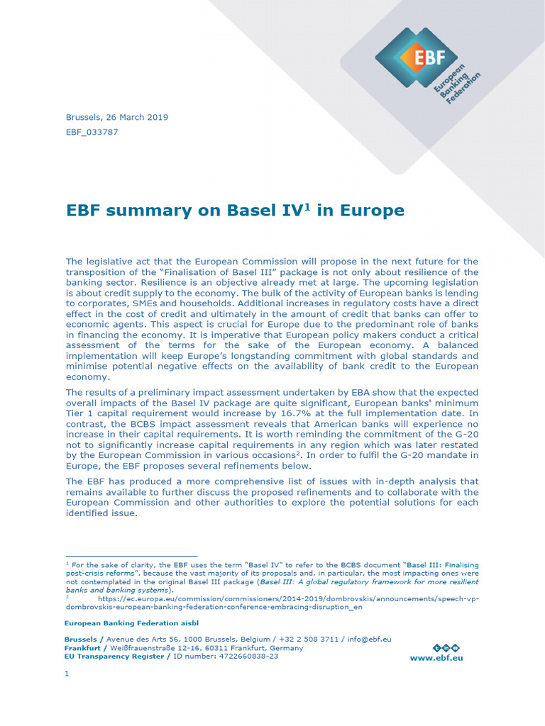 EBF 033787 EBF Summary Paper On Basel IV in Europe Final Updated Clean | PDF | Basel Iii | Banks