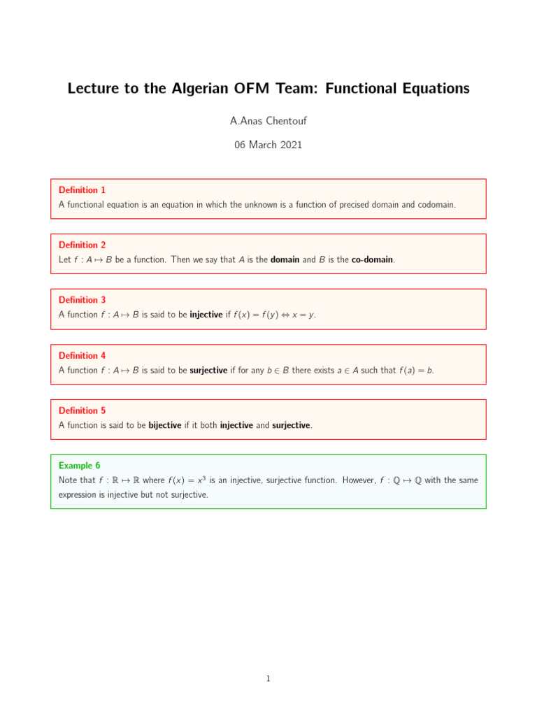 Lecture to the Algerian OFM Team Functional Equations | PDF | Function (Mathematics) | Analysis