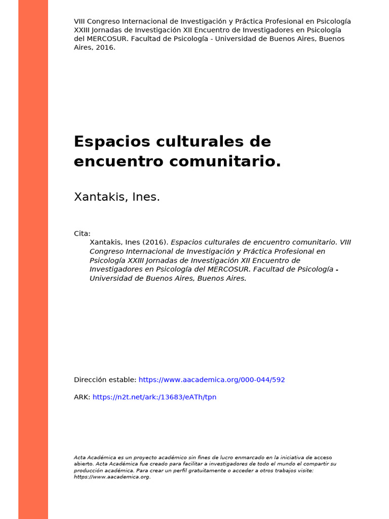 Xantakis, Ines (2016). Espacios Culturales de Encuentro Comunitario ...