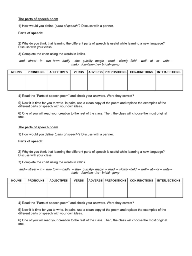 Parts of Speech Poem - Activity | PDF