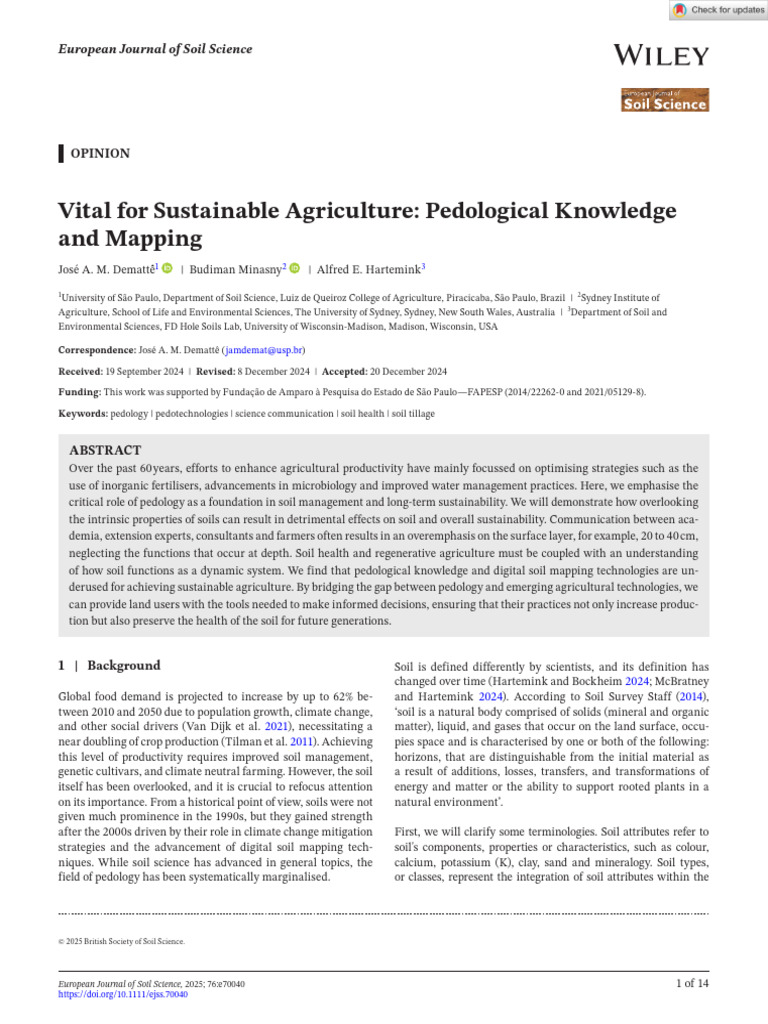 Aula 14 European J Soil Science - 2025 - Demattê - Vital For Sustainable Agriculture Pedological ...