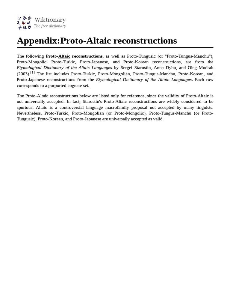 Appendix Proto-Altaic Reconstructions | PDF | Linguistics | Language ...