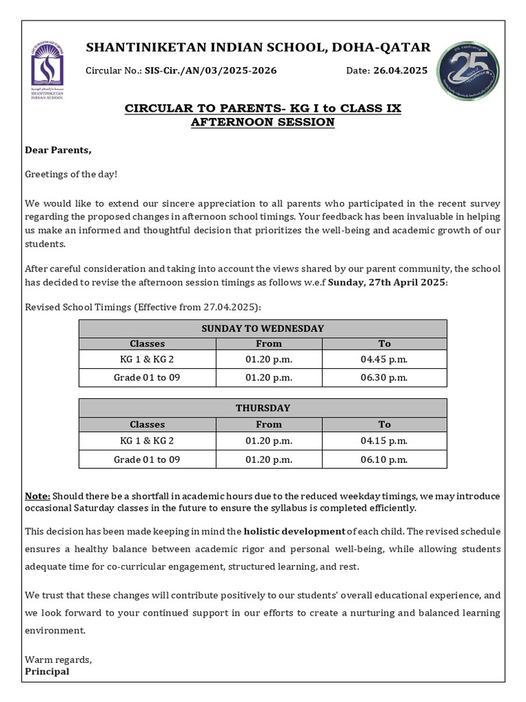 CIRCULAR-AN-03 - Revised Class Timing From 27th April | PDF